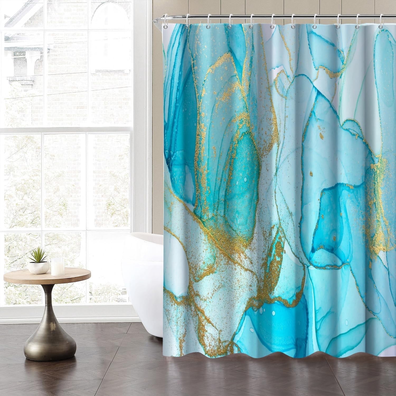 Turquoise Marble Shower Curtain Set for Bathroom Abstract Gold Pastel ...