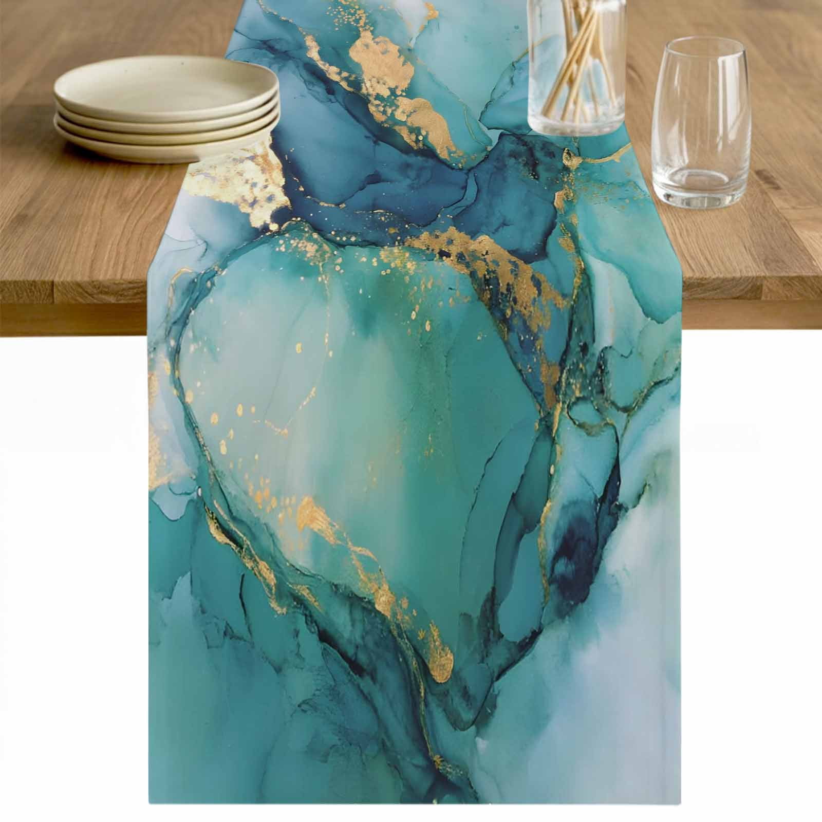 Turquoise Marble Table Runner - 48 Inch Long Abstract Minimalist Art ...