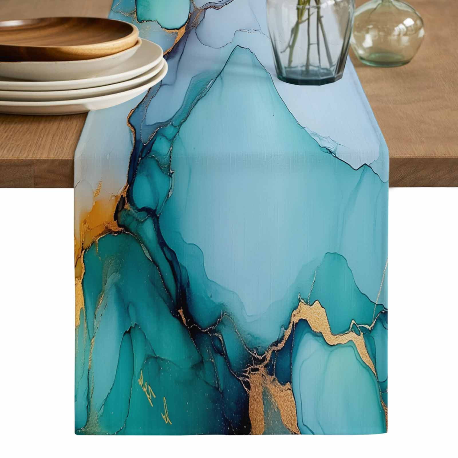 Turquoise Marble Table Runner, Abstract Green Modern Luxury Cracks ...