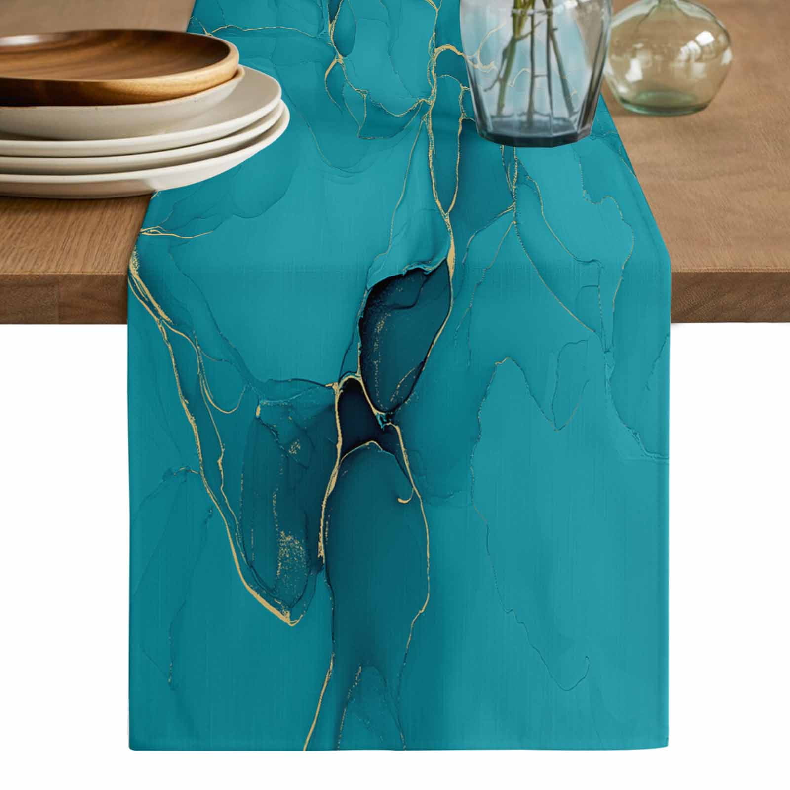 Turquoise Marble Table Runner, Minimalist Abstract Golden Fluid Art ...