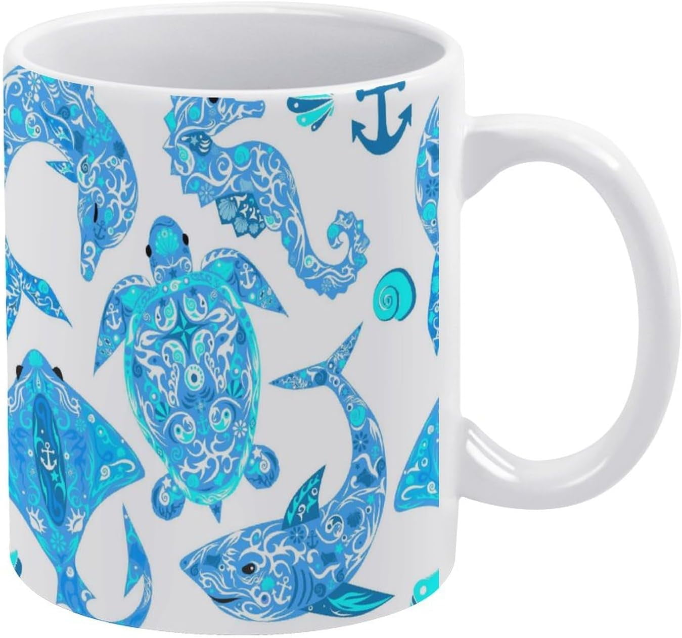 Turquoise Marine Animals, Sea Turtle, Dolphin, Sea Horse on White White ...