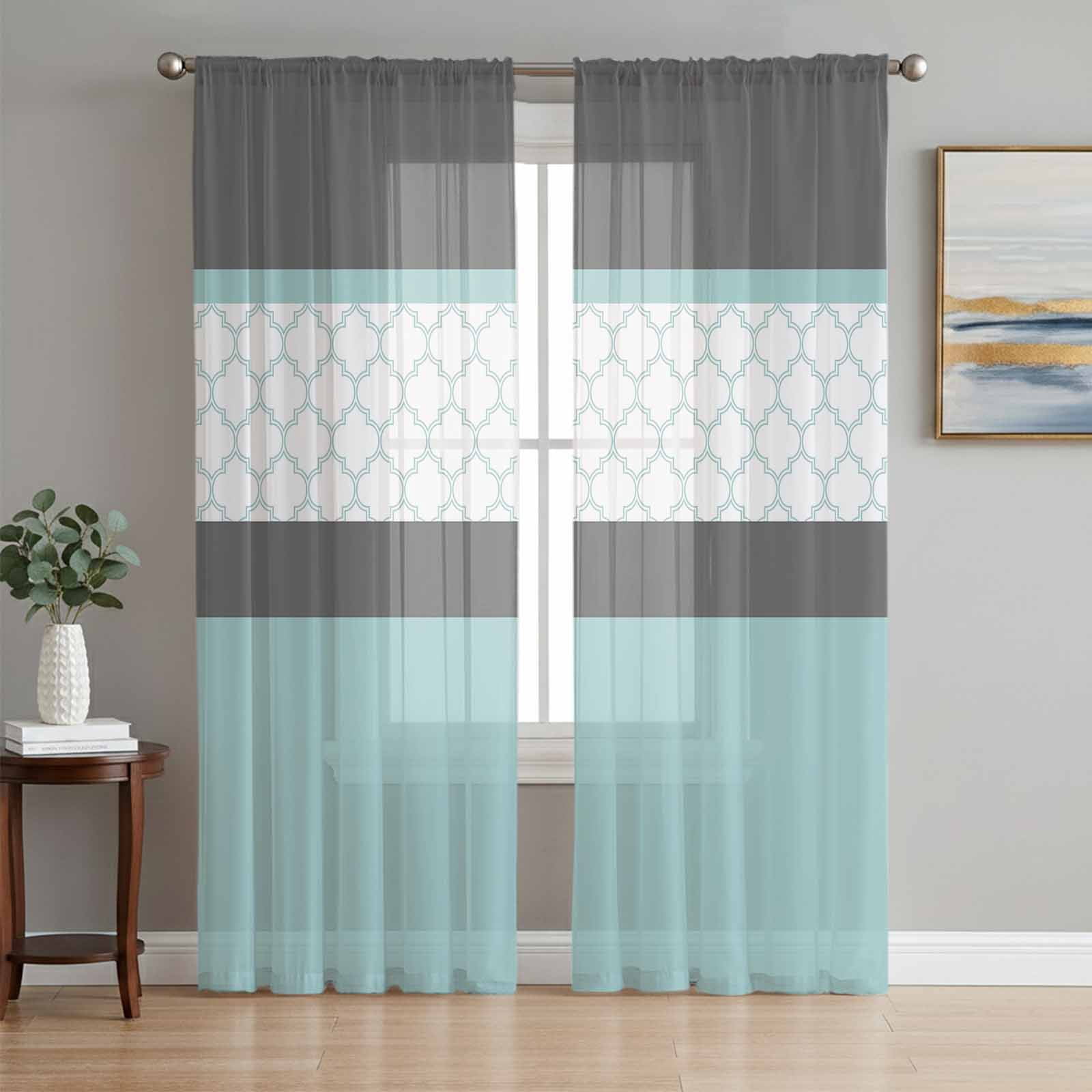Turquoise Morocco Sheer Curtains 96 Inch Length 2 Panels Set, Geometric ...
