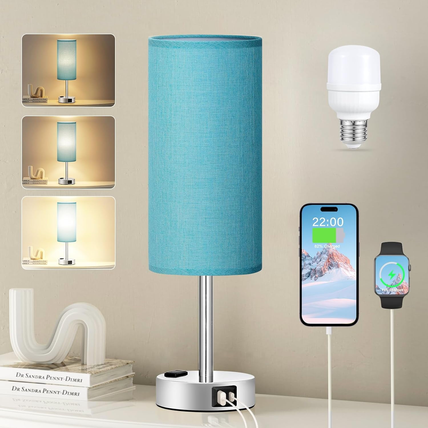 Turquoise Nightstand Table Lamp for Bedroom - 3 Way Dimmable Touch Lamp ...