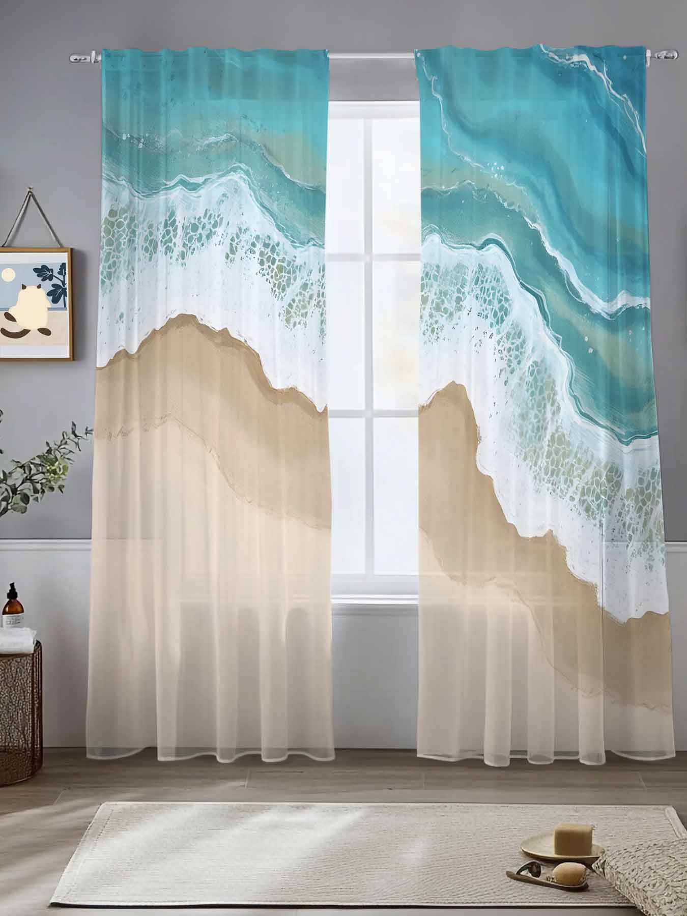 Turquoise Ocean Sheer Curtains for Living Room Bedroom Gradient Brown ...
