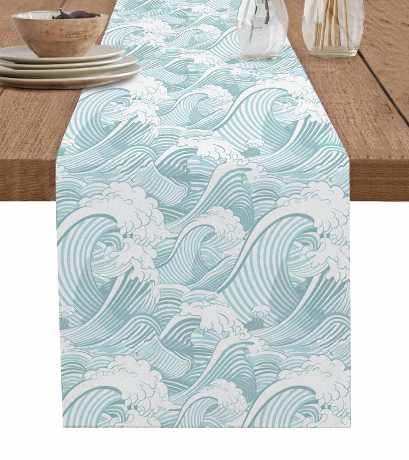 Turquoise Ocean Waves Table Runner 60 Inches, Moire Seaside Abstract Art Bed Runner Dresser ...