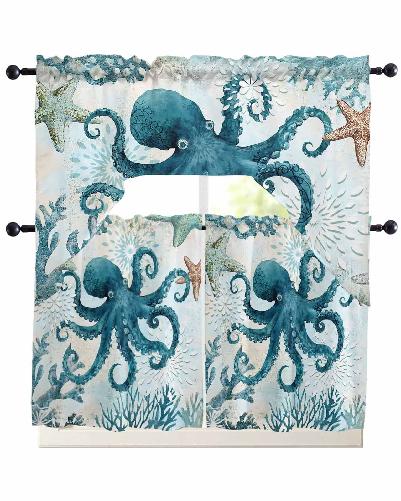 Turquoise Octopus Swag Valance and Tier Curtains Set Nautical Retro ...