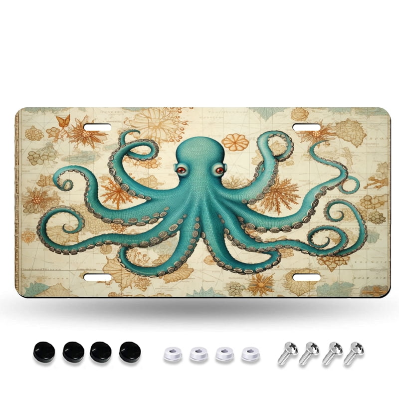 Turquoise Octopus on Vintage Map License Plate Frame, Decorative ...