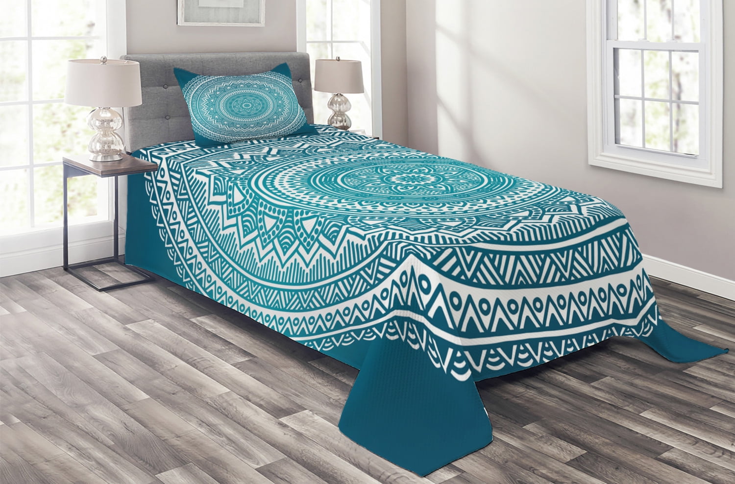 Turquoise Ombre Coverlet Set Twin Size, Mandala Medallion Starry Design ...