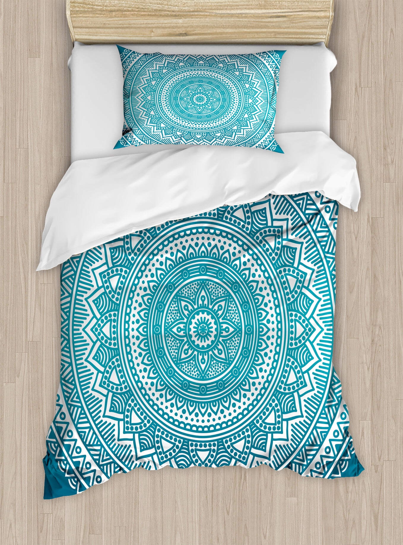 Turquoise Ombre Duvet Cover Set, Mandala Medallion Starry Design with ...