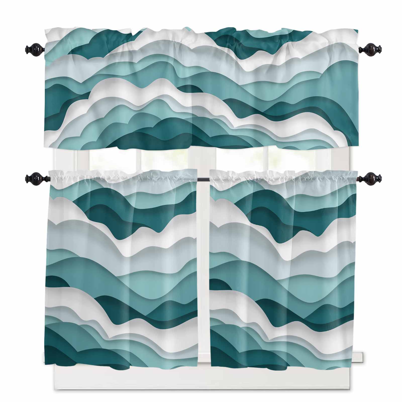 Turquoise Ombre Kitchen Curtains and Valances Set, 3 Piece Kitchen ...