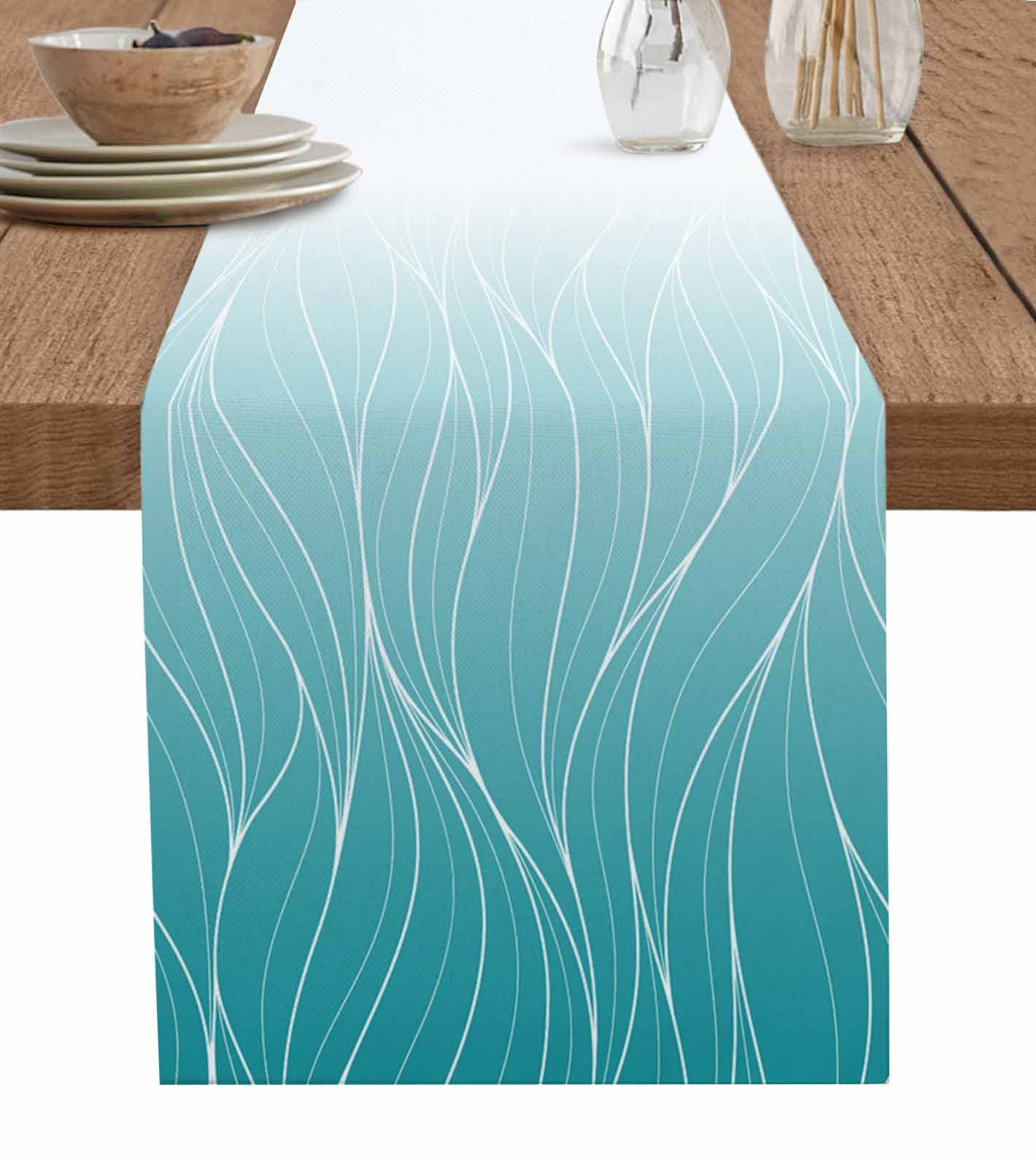 Turquoise Ombre Lines Burlap-Cotton Table Runner 108 Inches Long,Simple ...