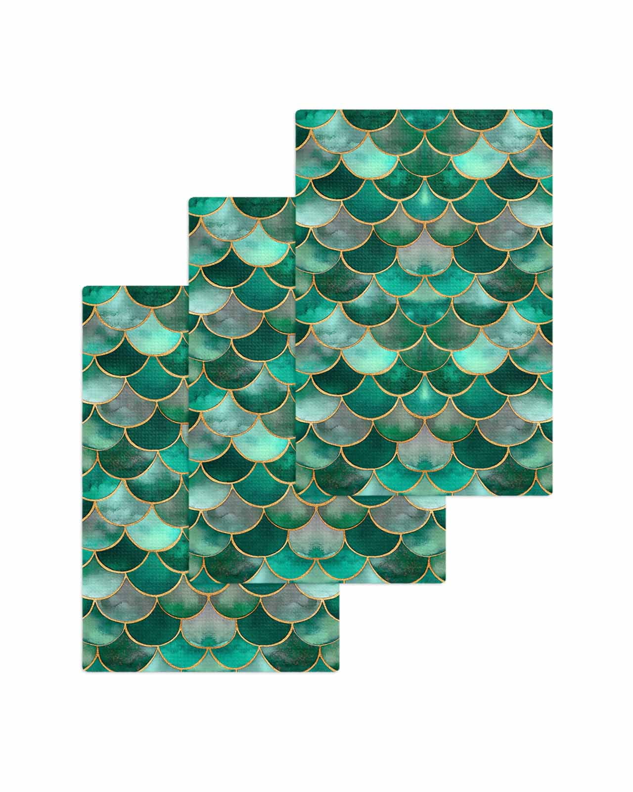 Turquoise Ombre Scale Kitchen Dish Towels for Drying Dishes Set of 3, Abstract Art Ocean Coastal ...