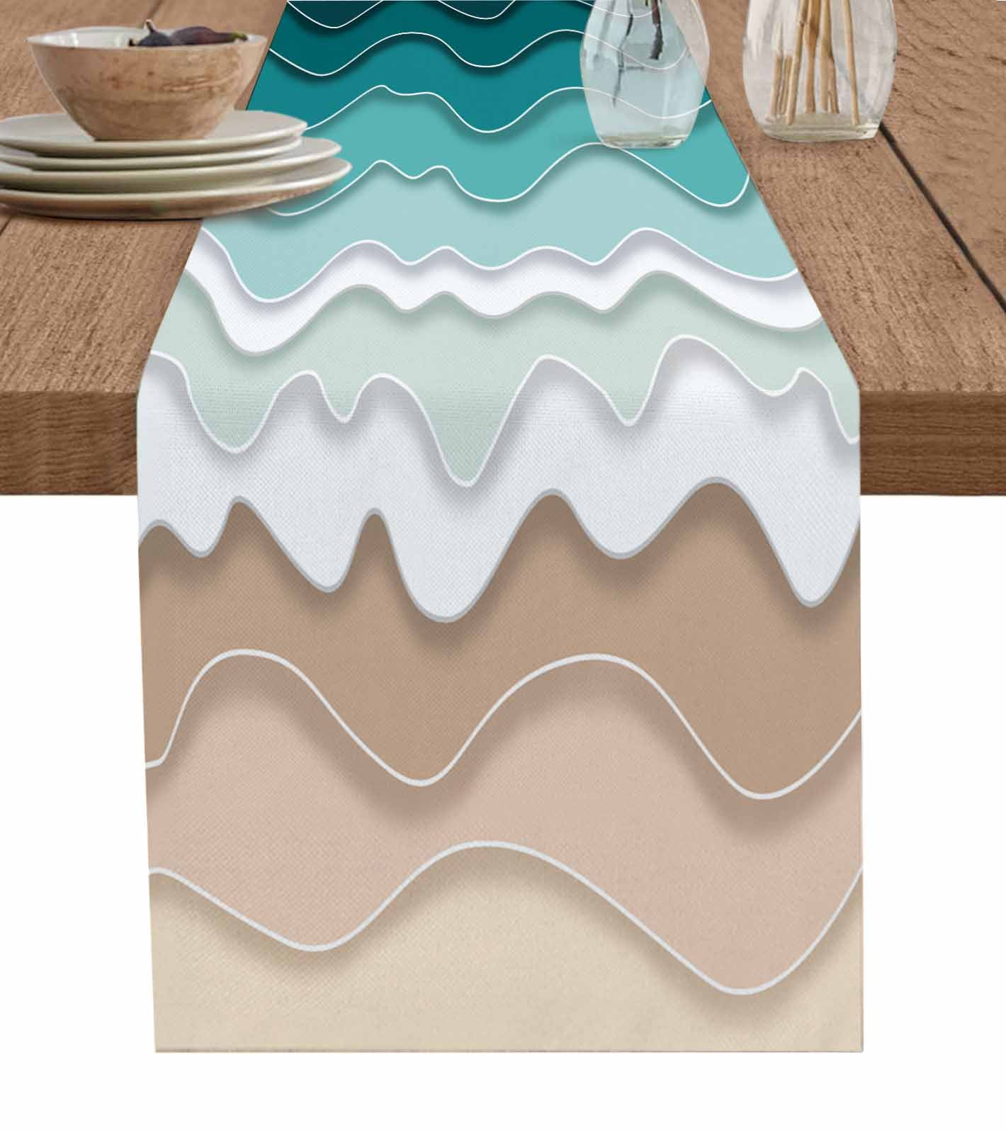 Turquoise Ombre Stripe Table Runner Cotton Linen 48 Inch Holiday Dresser Scarves, Abstract ...