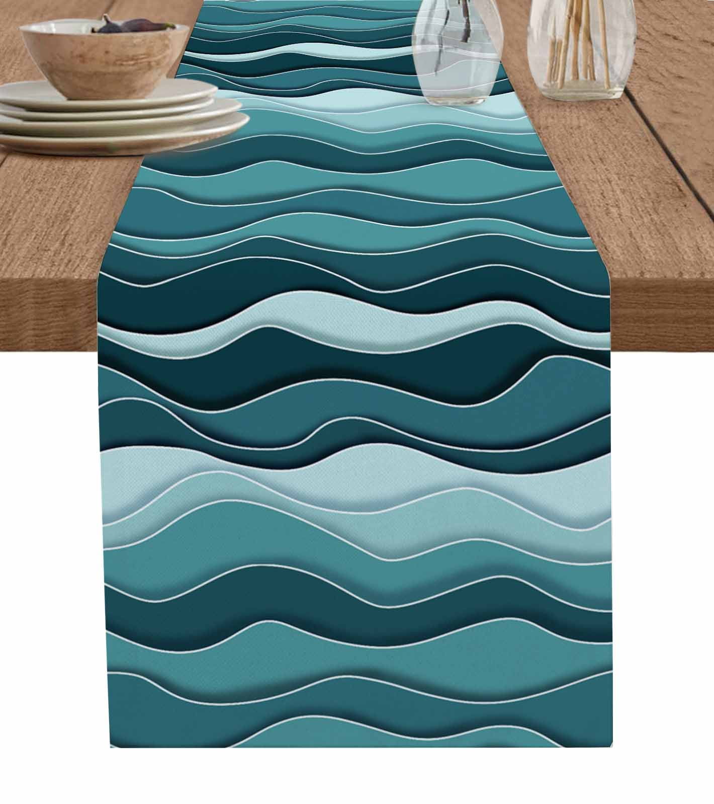 Turquoise Ombre Table Runner 70 Inches, Abstract Art Moire Ocean Waves ...