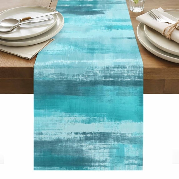 Turquoise Paint Cotton Linen Table Runner Watercolor Abstract Aqua ...