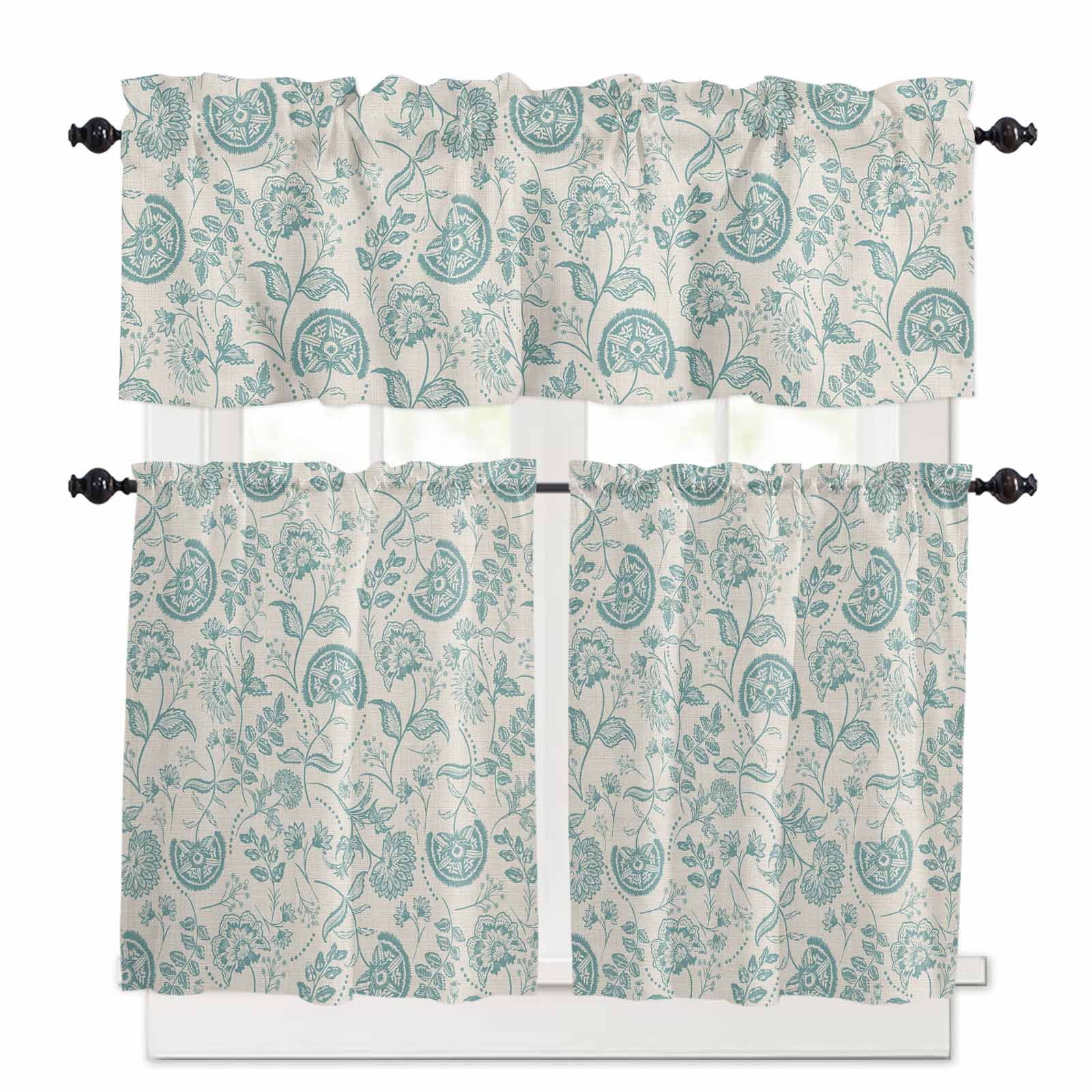 Turquoise Paisley Kitchen Curtains Set for Windows 3 Pieces,36 Inch ...