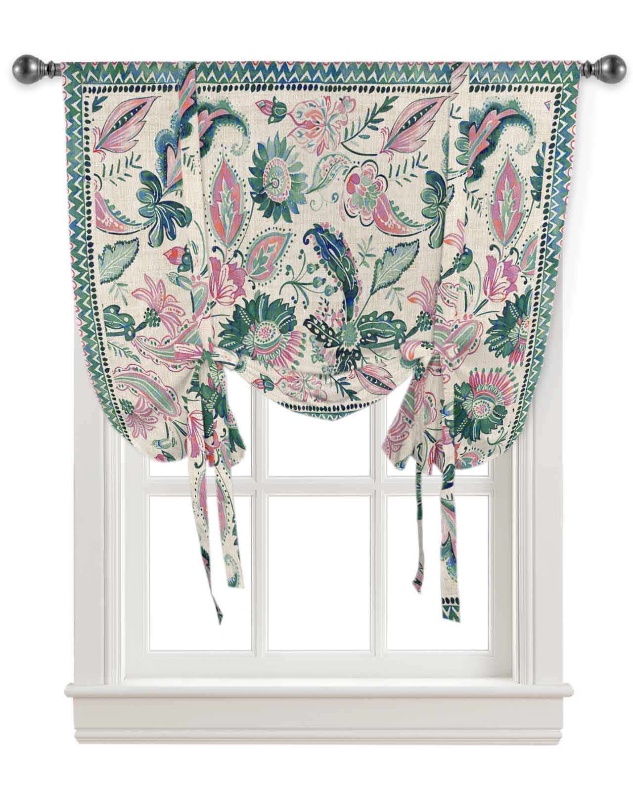 Turquoise Pink Ethnic Tie Up Curtains for Kitchen Bathroom Bedroom ...
