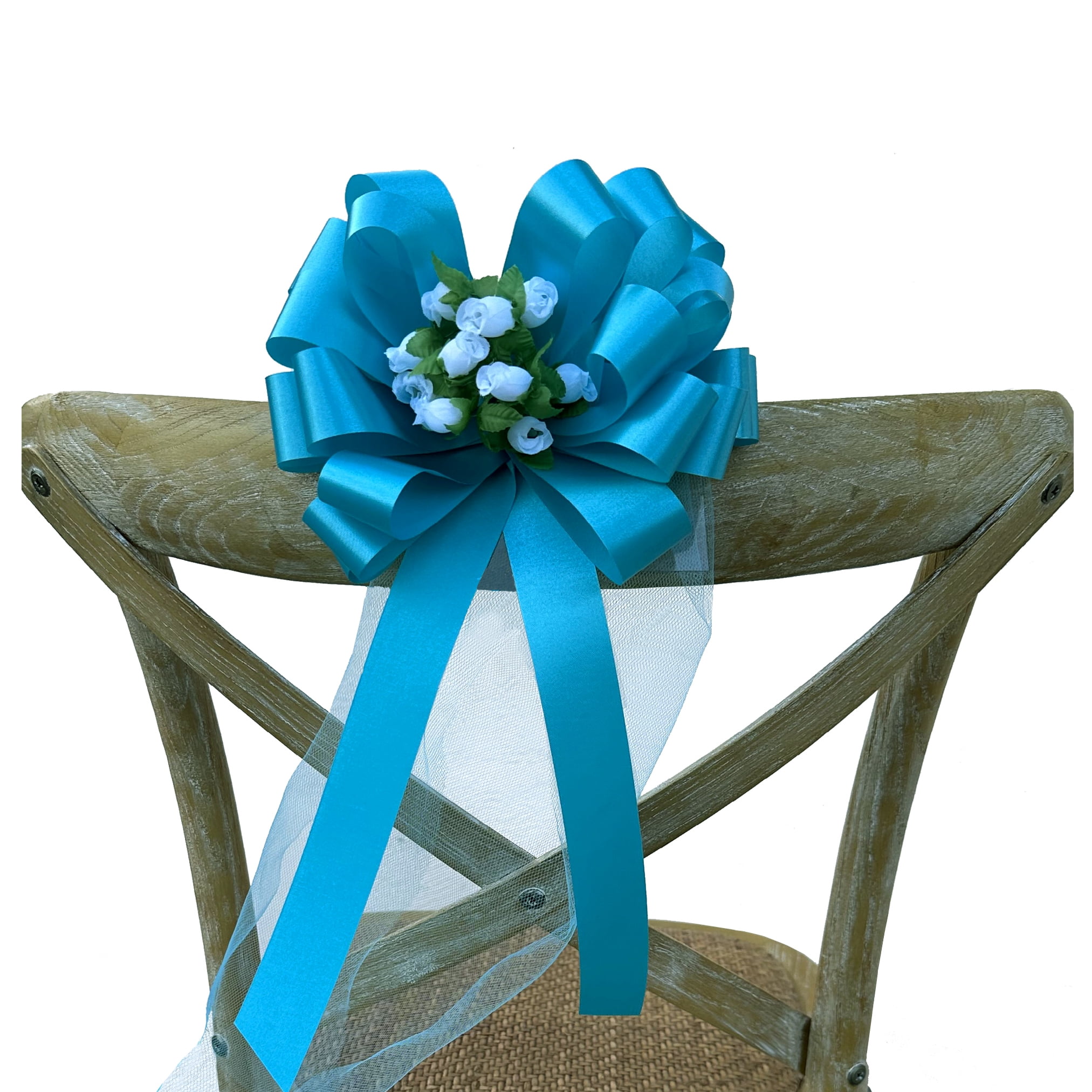 Turquoise Pull Bows with Tulle Tails and Rosebuds - 8" Wide, Set of 6 ...