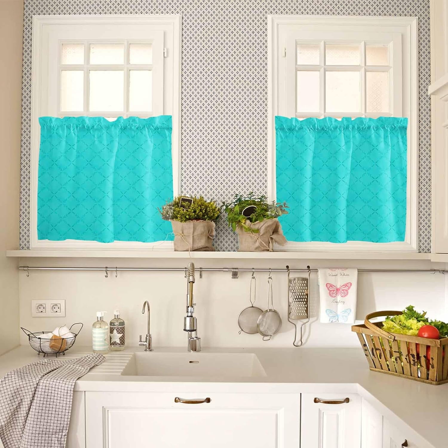 Turquoise Rhombus Window Tier Curtains 36 Inch Length, Rustic Modern ...