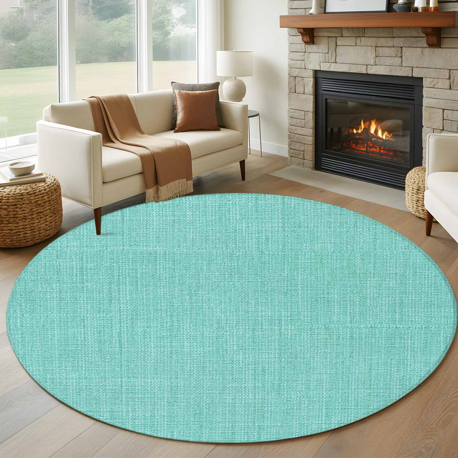 Turquoise Round Rugs 7ft, Farmhouse Burlap Solid Teal Color Modern ...