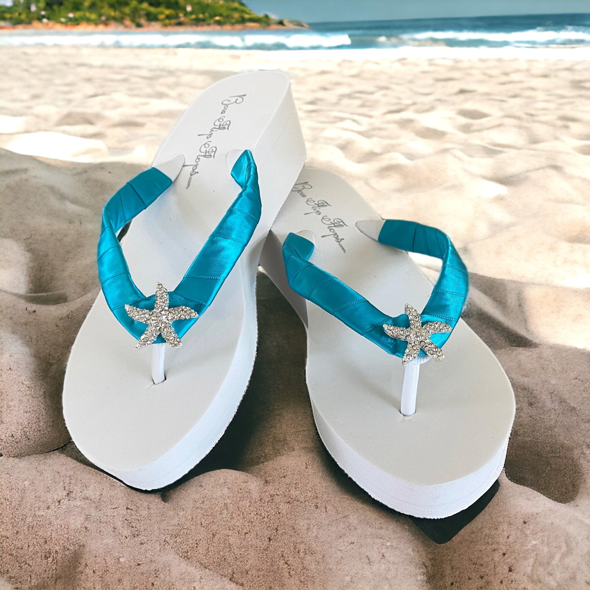 Turquoise Satin Rhinestone Starfish White Flip Flops with 2 Inch Wedge ...