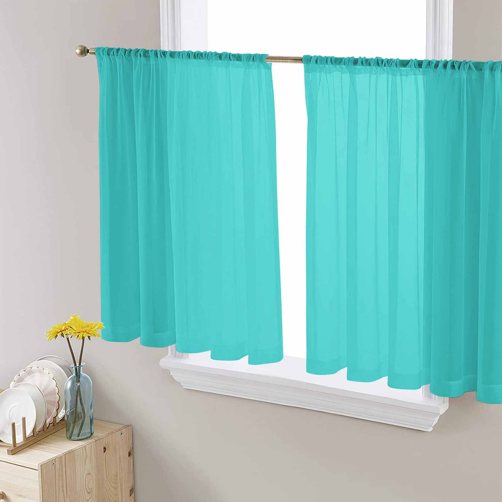 Turquoise Semi Sheer Curtains 54 Inch Length 2 Panels Set, Modern Pure ...