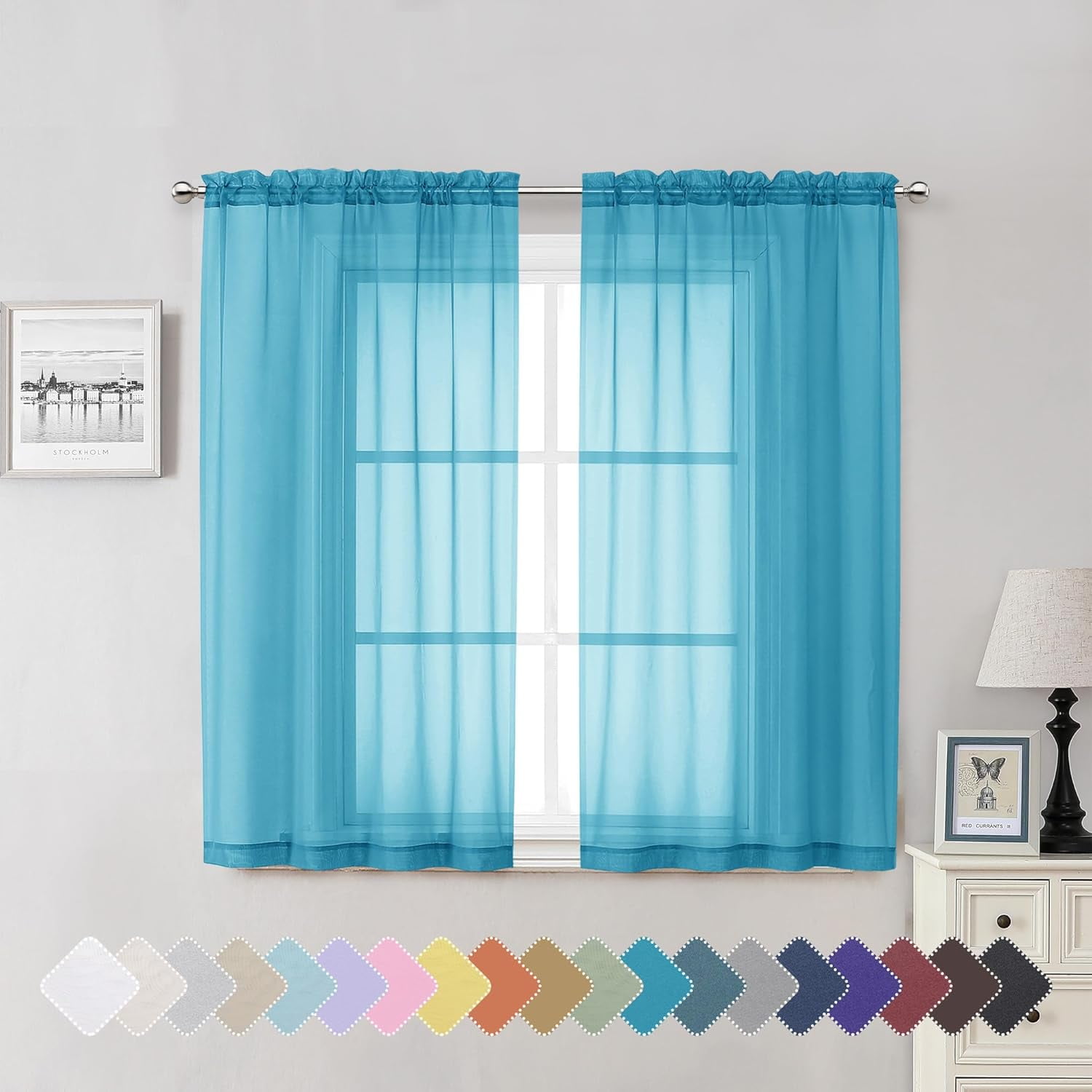 Turquoise Sheer Curtains 54 Inch Length 2 Panels, Light Filtering Voile ...