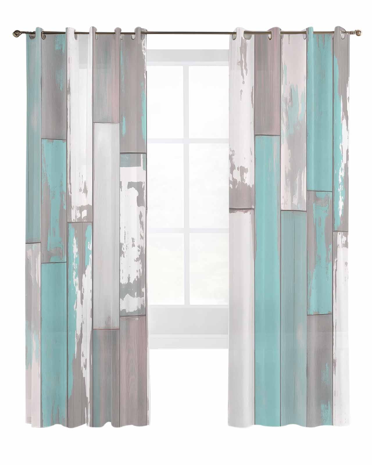 Turquoise Sheer Curtains 63 Inch Length 2 Panels Rustic Farmhouse Wood ...