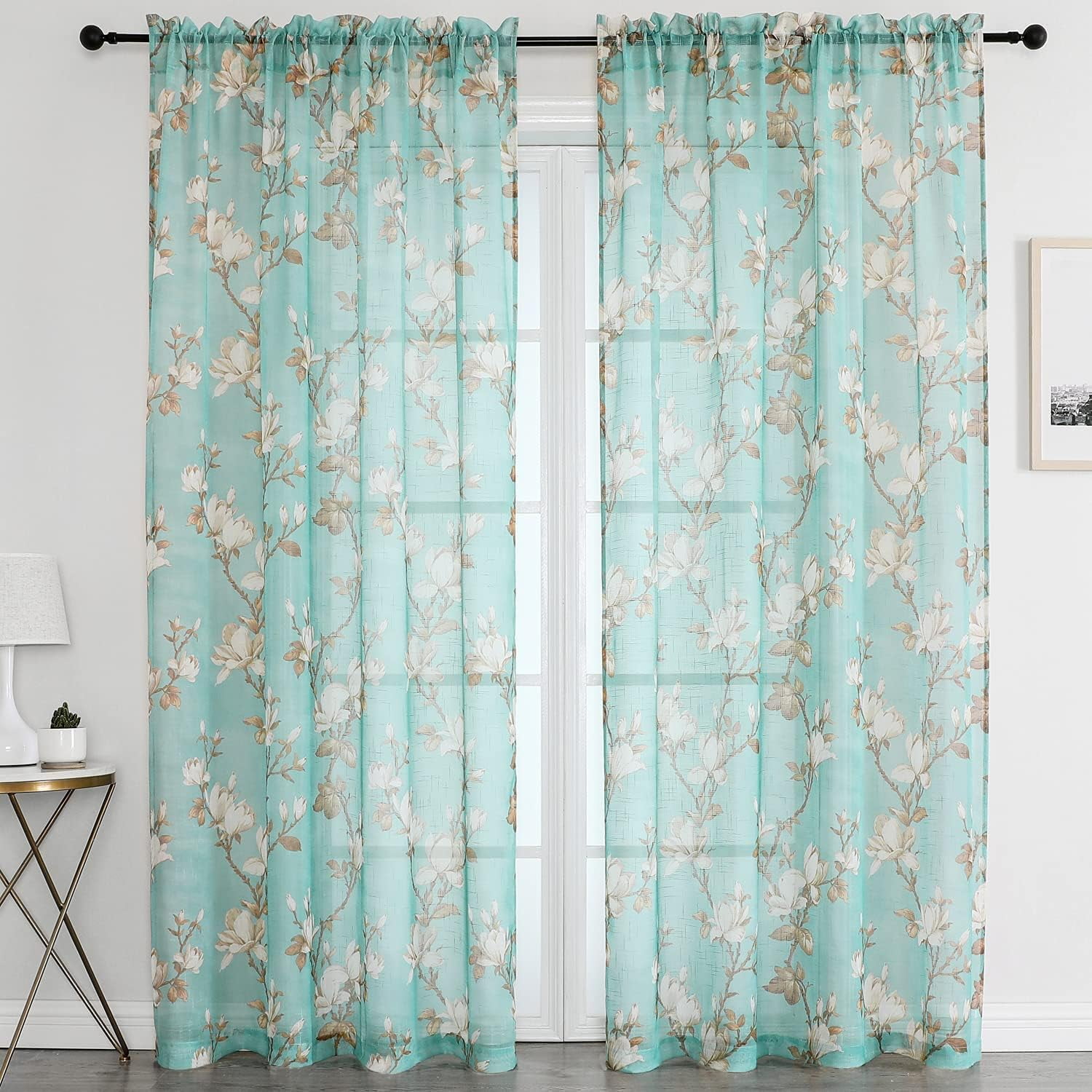 Turquoise Sheer Curtains 72 Inch Length 2 Panels for Living Room Floral ...