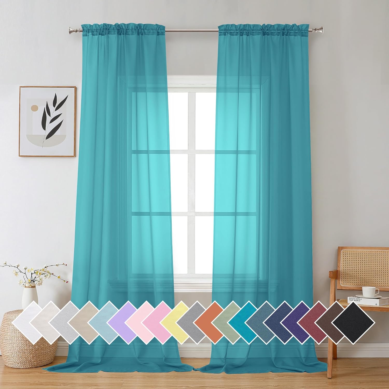 Turquoise Sheer Curtains 96 Inches Long 2 Panels Set, Light Filtering ...