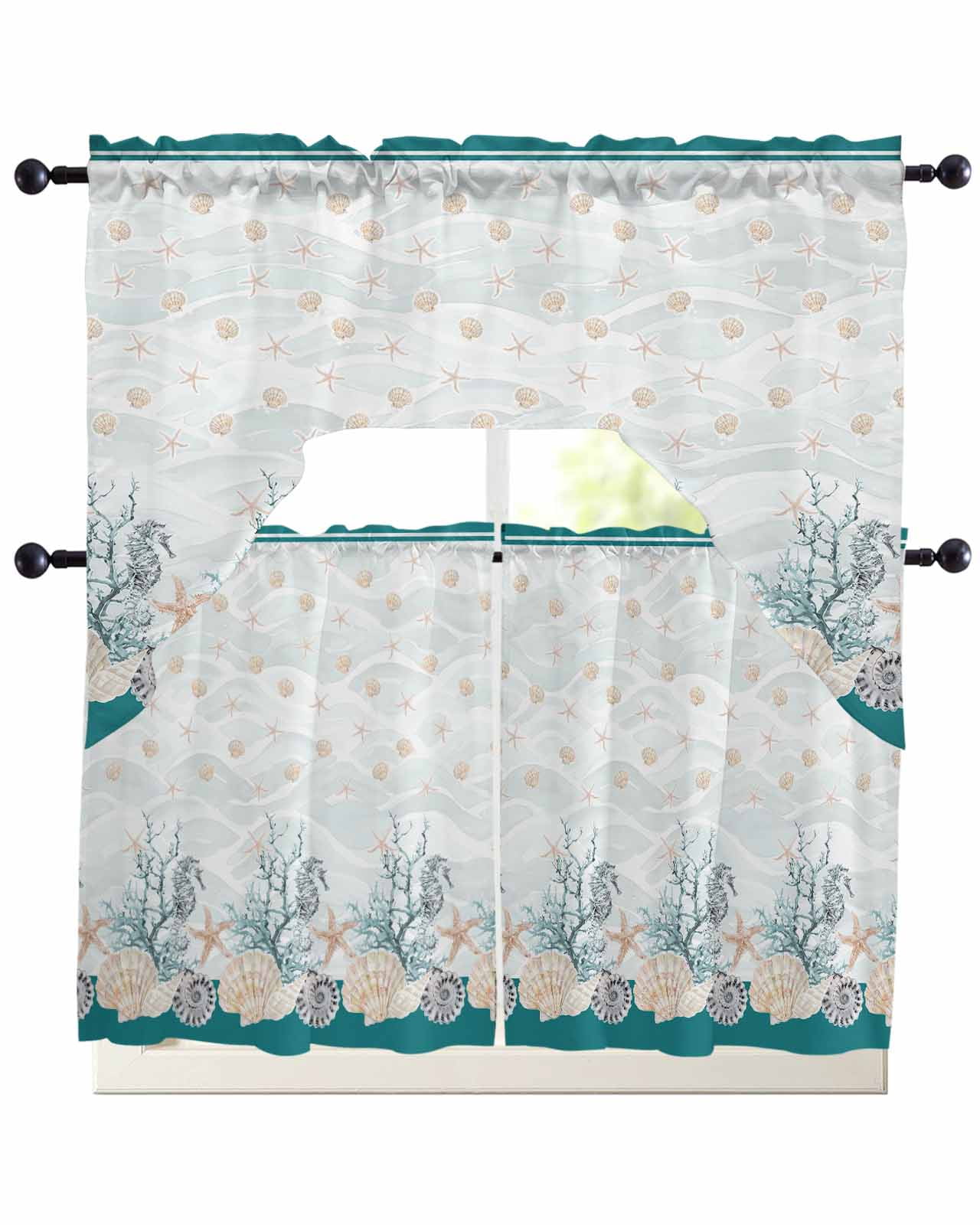 Turquoise Shell Kitchen Curtains Swag Valance and Tier Curtains Set 24 ...