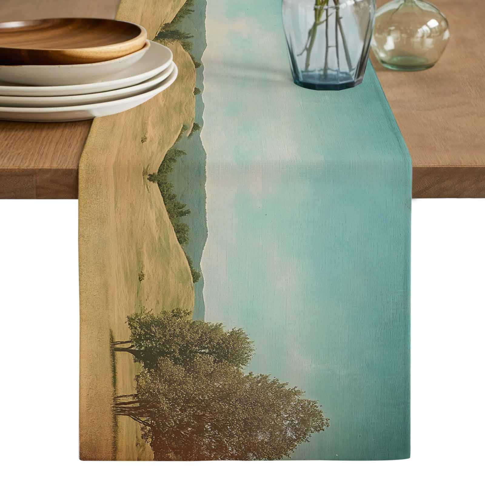 Turquoise Sky Hills Table Runner, Vintage Country Landscape Washable ...