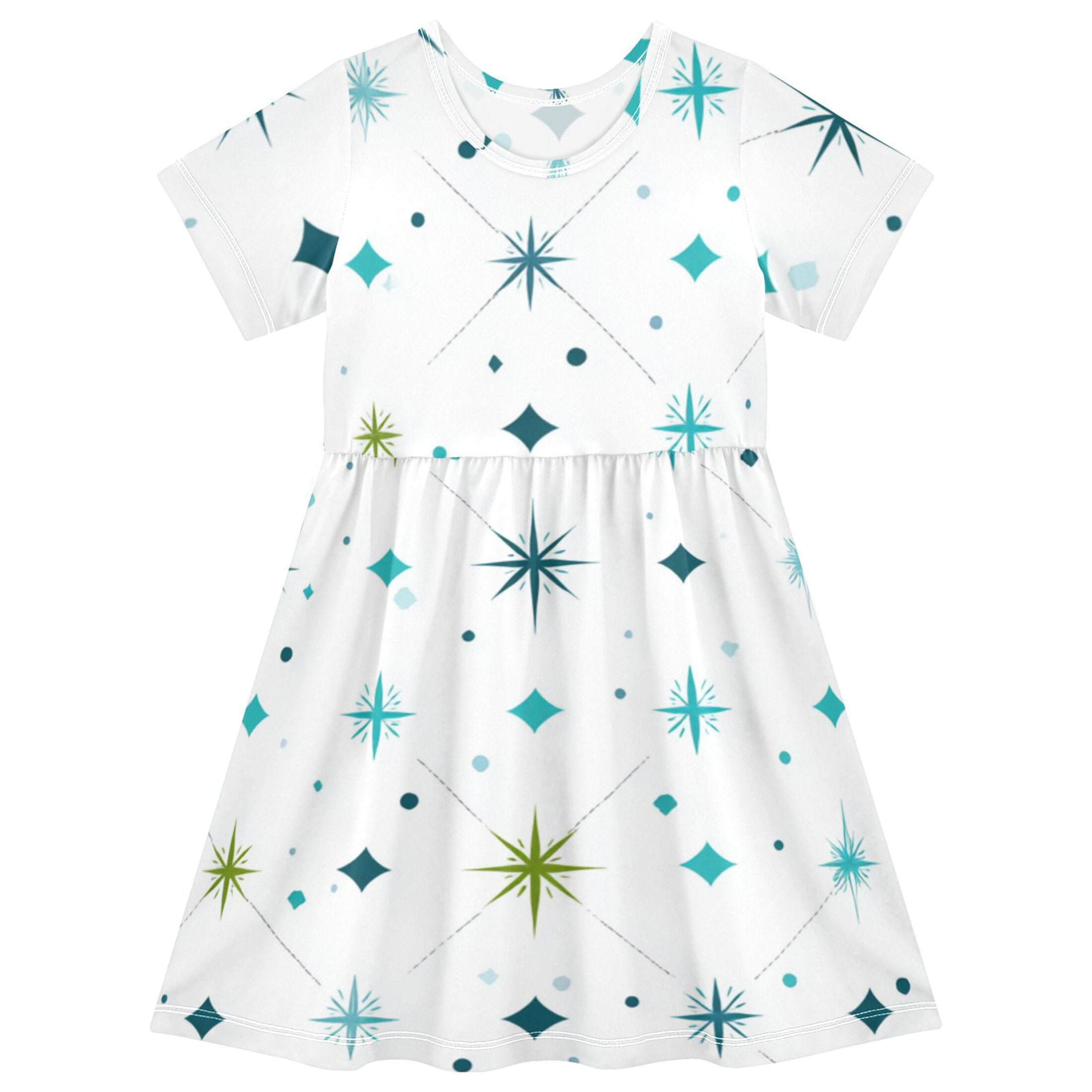 Turquoise Stars Dots Patterns Girls' Short Sleeve Dress A-Line One ...