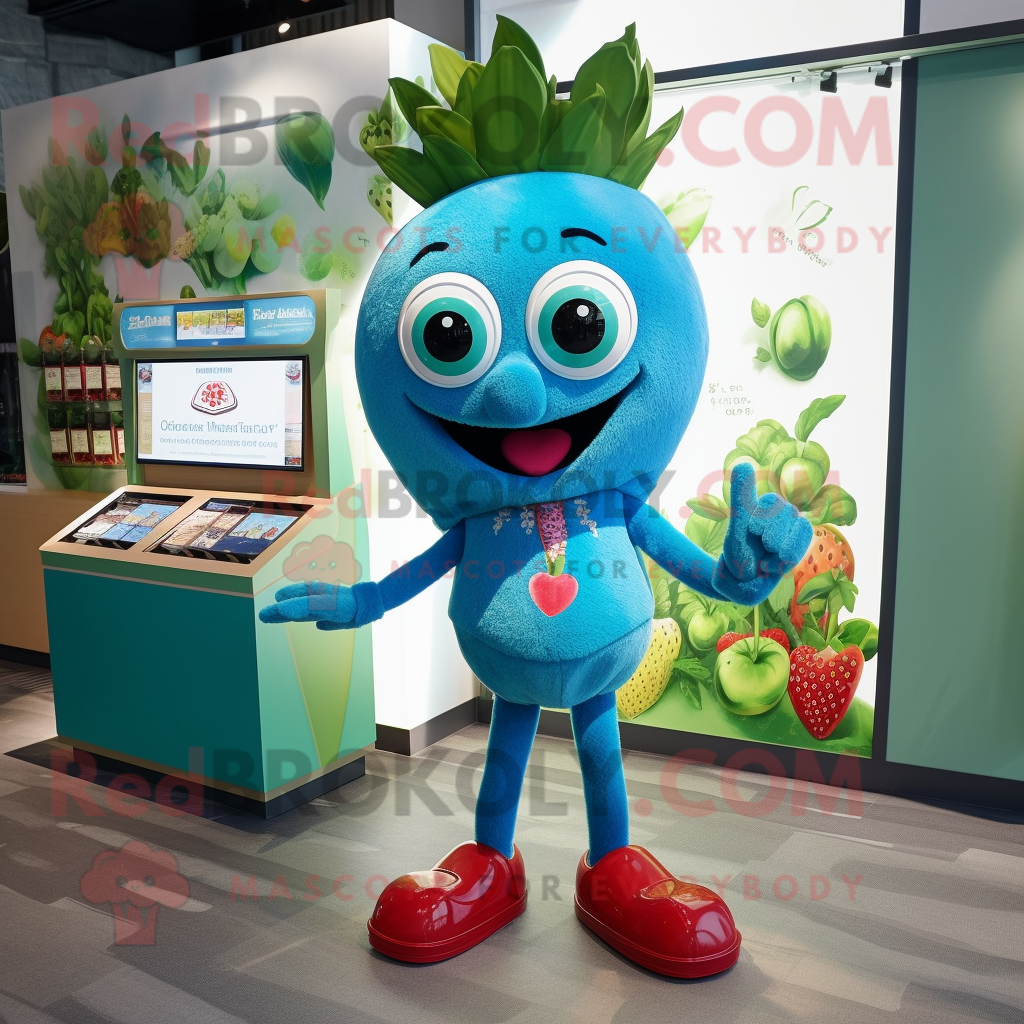 Turquoise Strawberry REDBROKOLY mascot costume character dressed with a ...