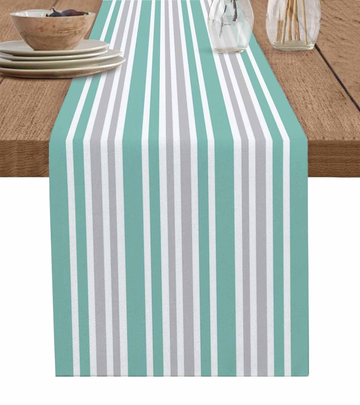 Turquoise Stripes Table Runners 60 Inches Long, Cotton Linen Fabric ...