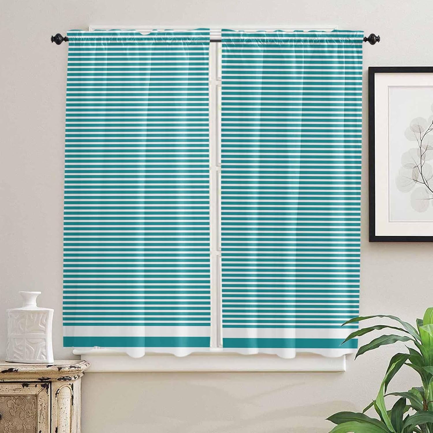 Turquoise Stripes Window Curtains 63 Inch Length, Modern Art Rustic ...