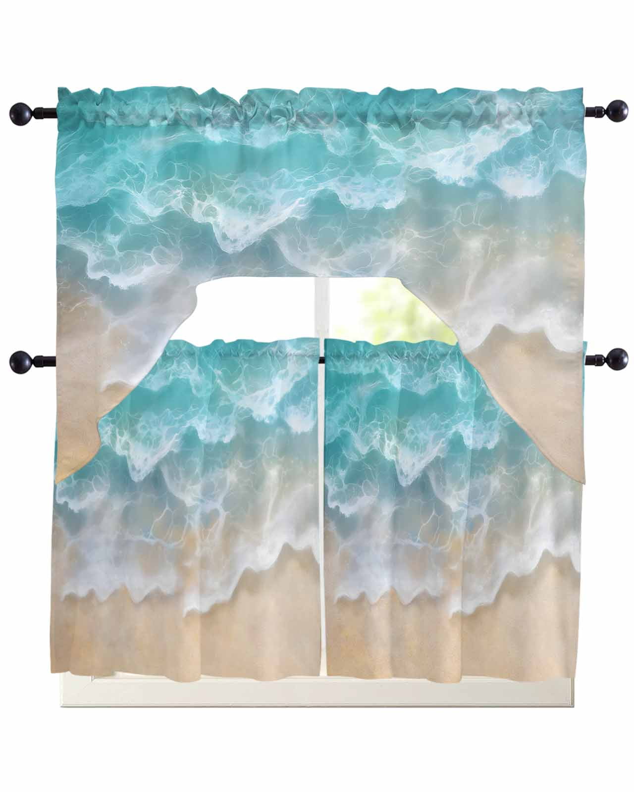Turquoise Summer Beach Kitchen Curtains Swag Valance and Tier Curtains ...