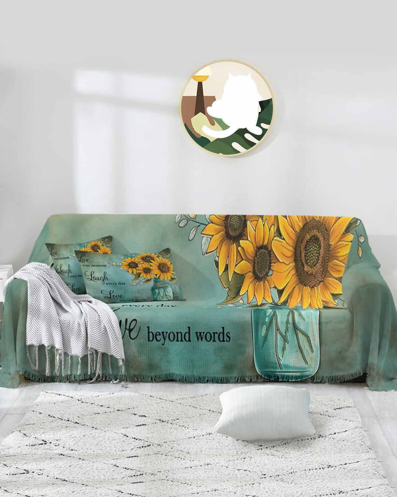 Turquoise Sunflower Sofa Covers for 3 Cushion,Washable Couch Cover for ...