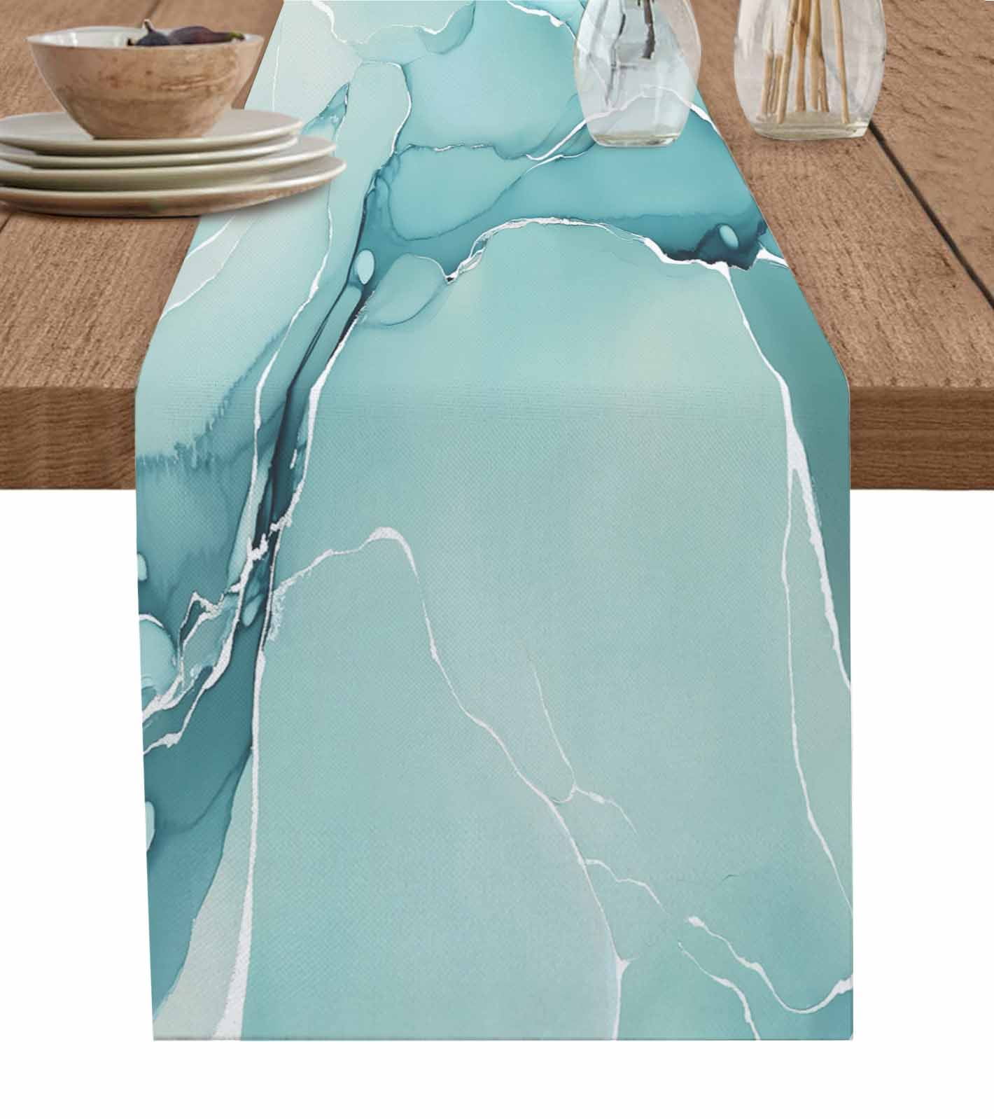 Turquoise Table Runner Modern Marble Ink Painting Abstract Art Tablerunners 13 x 48 Inch, Table ...