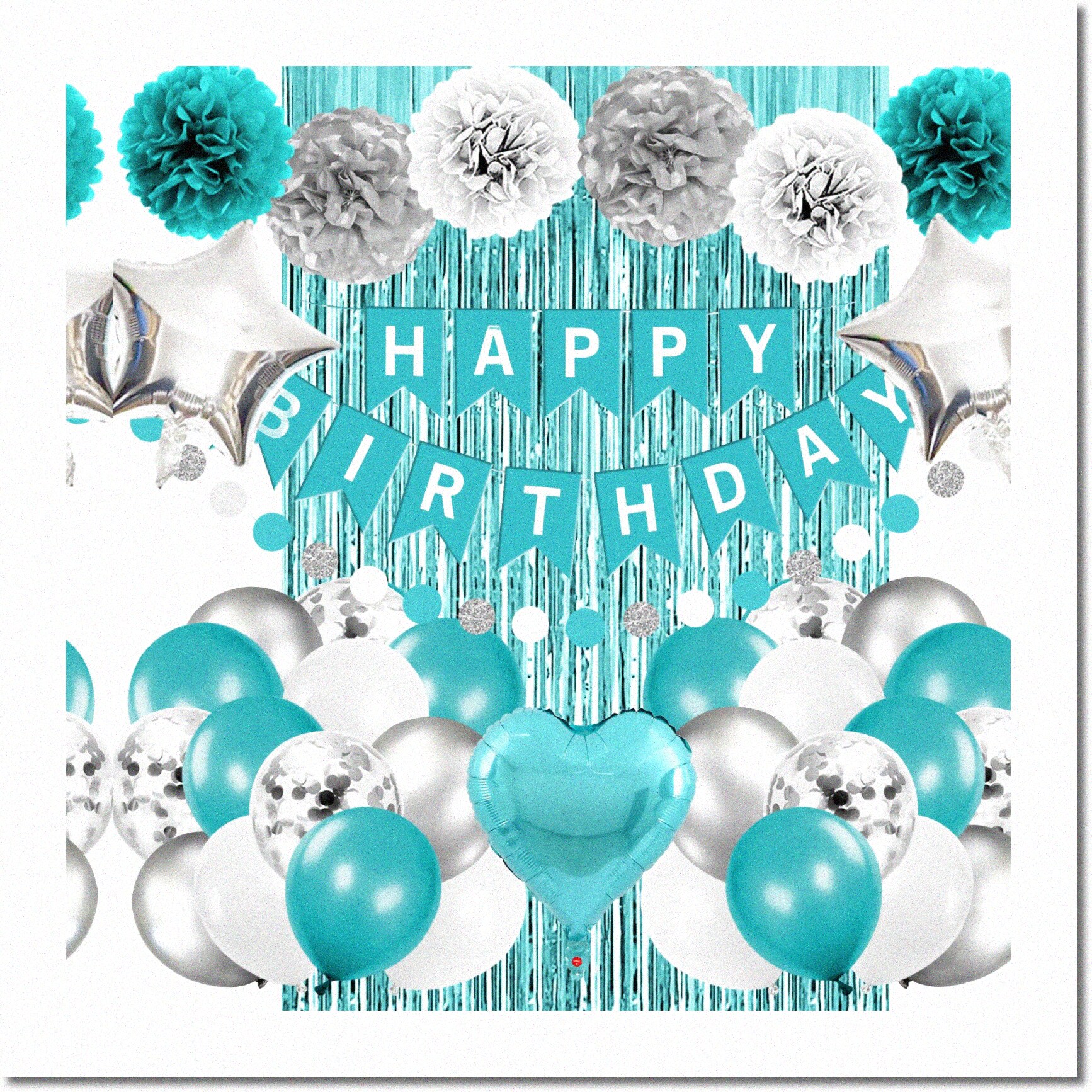Turquoise Teal Birthday Bash Kit - Happy Birthday Banner, Balloons, Pom ...