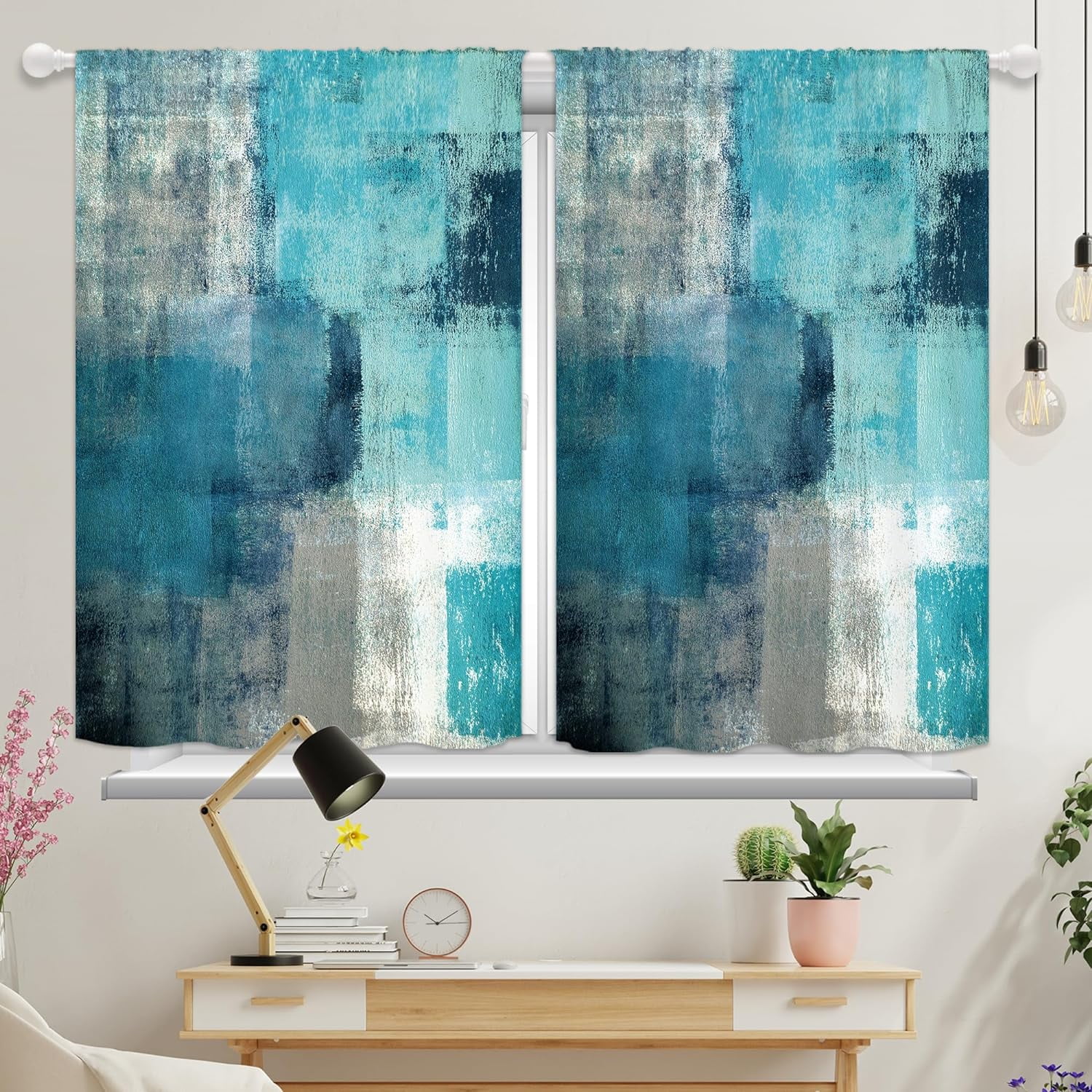 Turquoise Teal Kitchen Curtains, Blue Grey Farmhouse Small Window ...