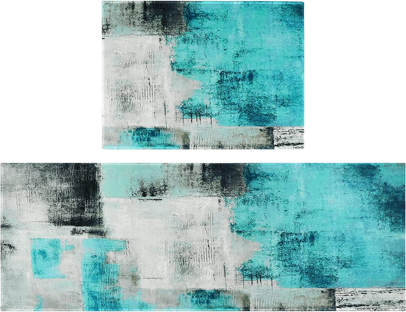 Turquoise Teal Kitchen Rug Set, Abstract Artistic Painting, Non-Slip ...
