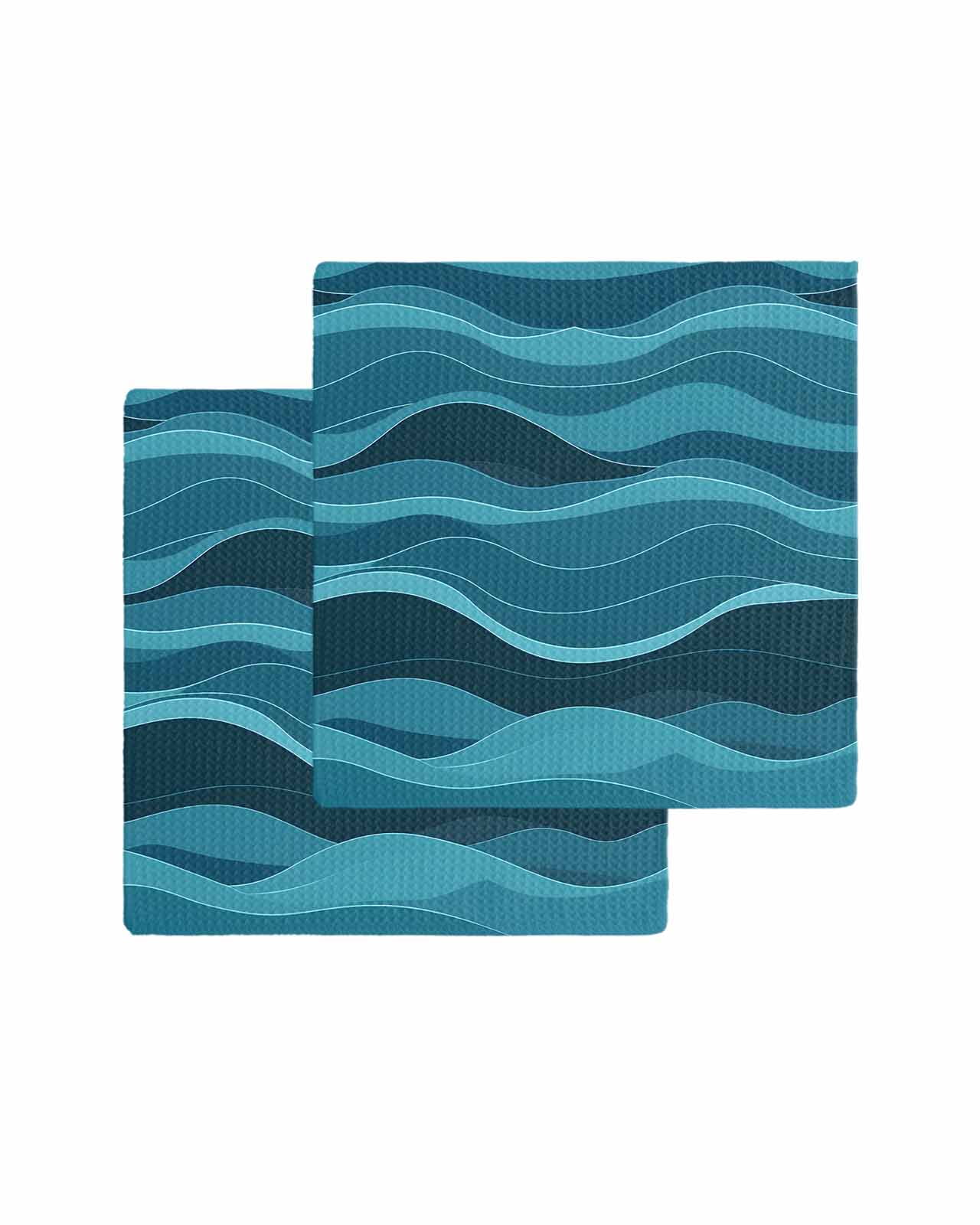Turquoise Teal Ombre Kitchen Dish Towels for Drying Dishes Set of 2, Watercolor Waves Abstract ...