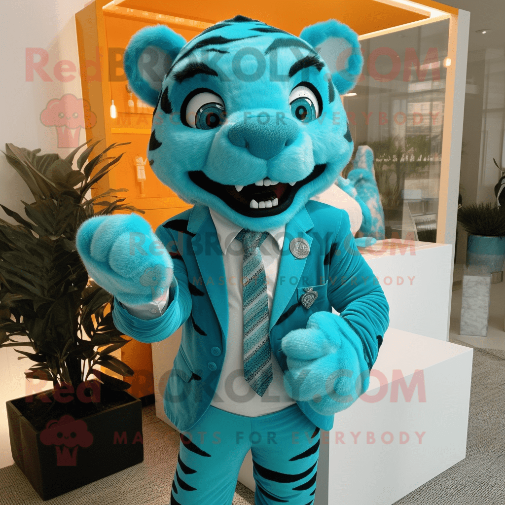 Turquoise Tiger REDBROKOLY mascot costume character dressed with a Suit ...