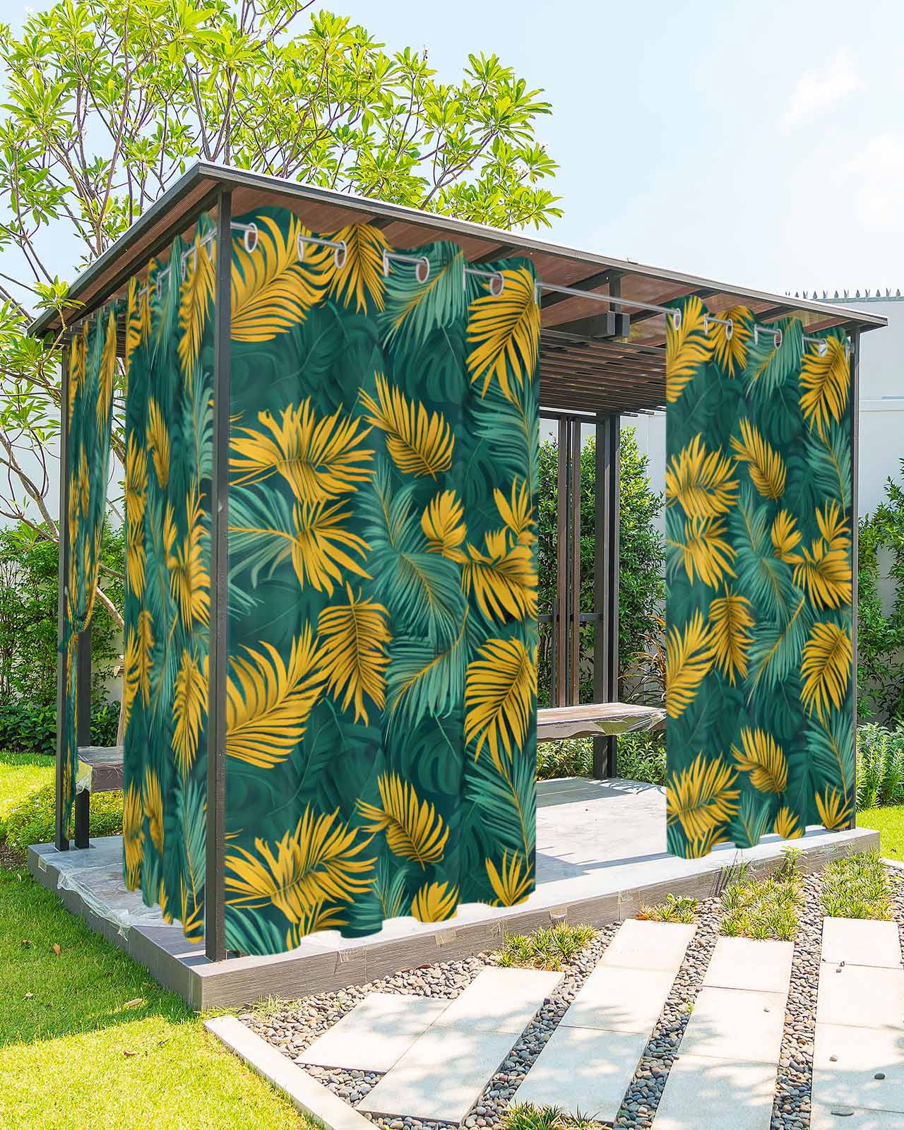 Turquoise Tropical Outdoor Curtains for Patio Waterproof,Gold Palm ...
