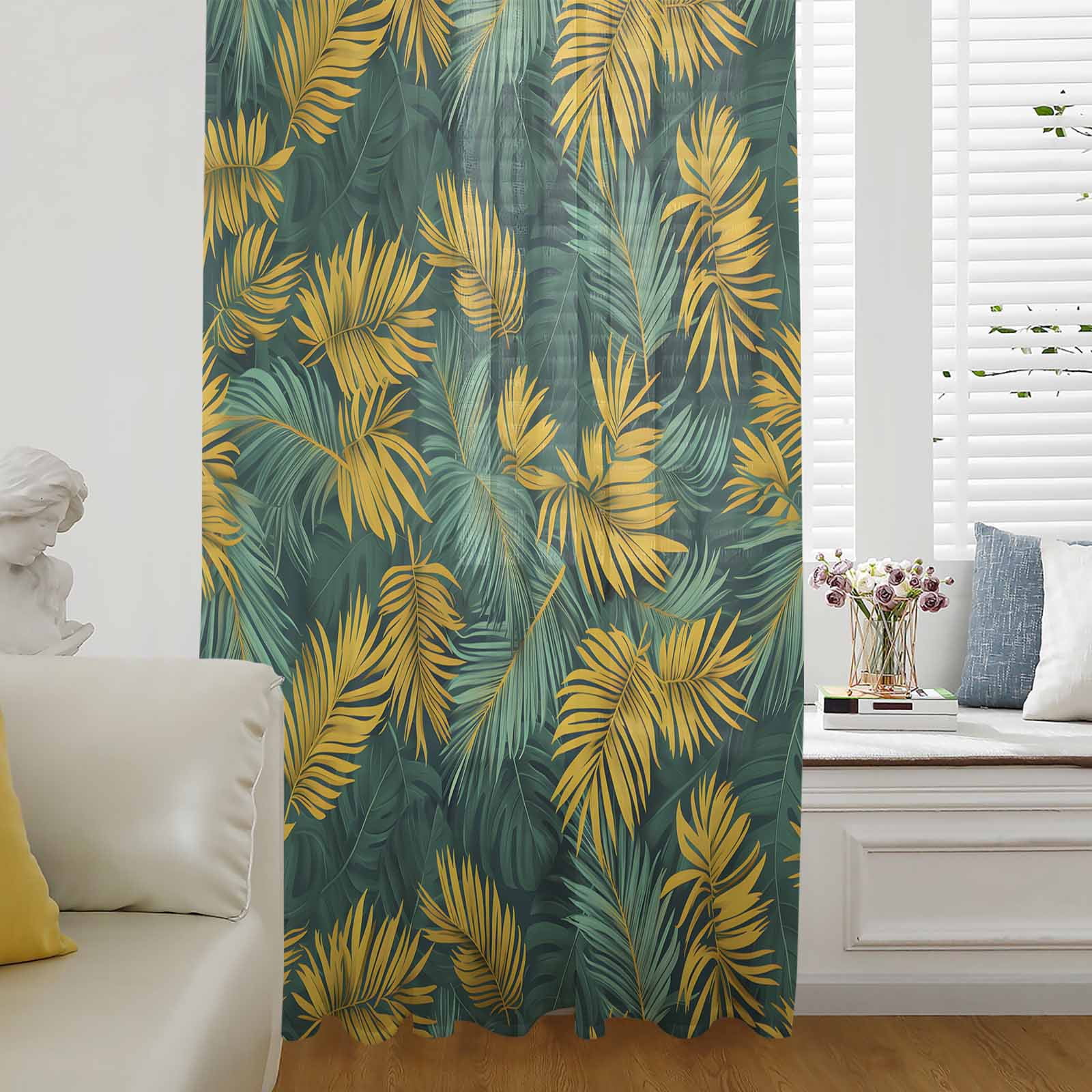 Turquoise Tropical Window Curtain 63 Inches Long,Gold Palm Leaves ...