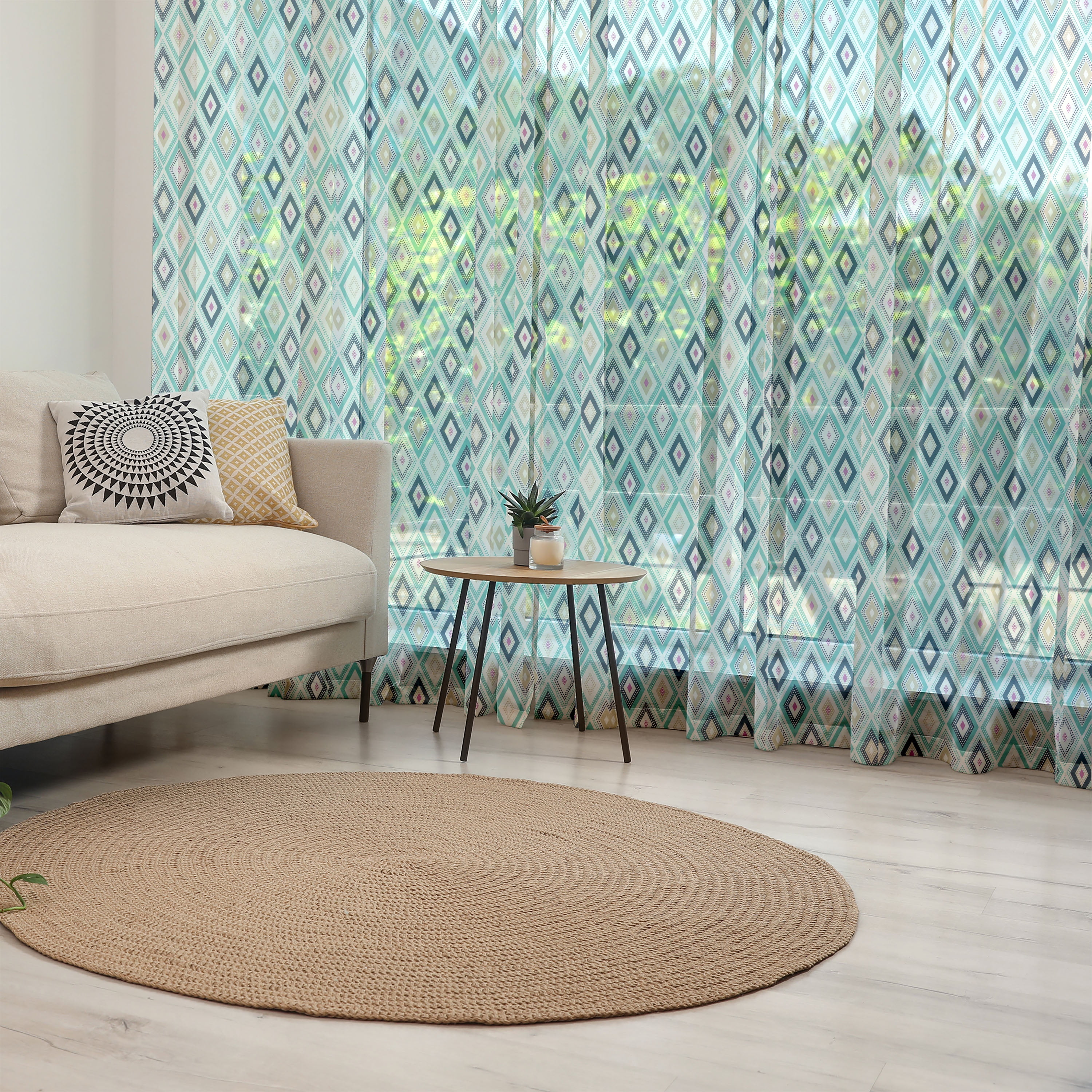 Turquoise Tulle Curtains with Rod Pocket, Dots Doodle Rhombus Diamond ...