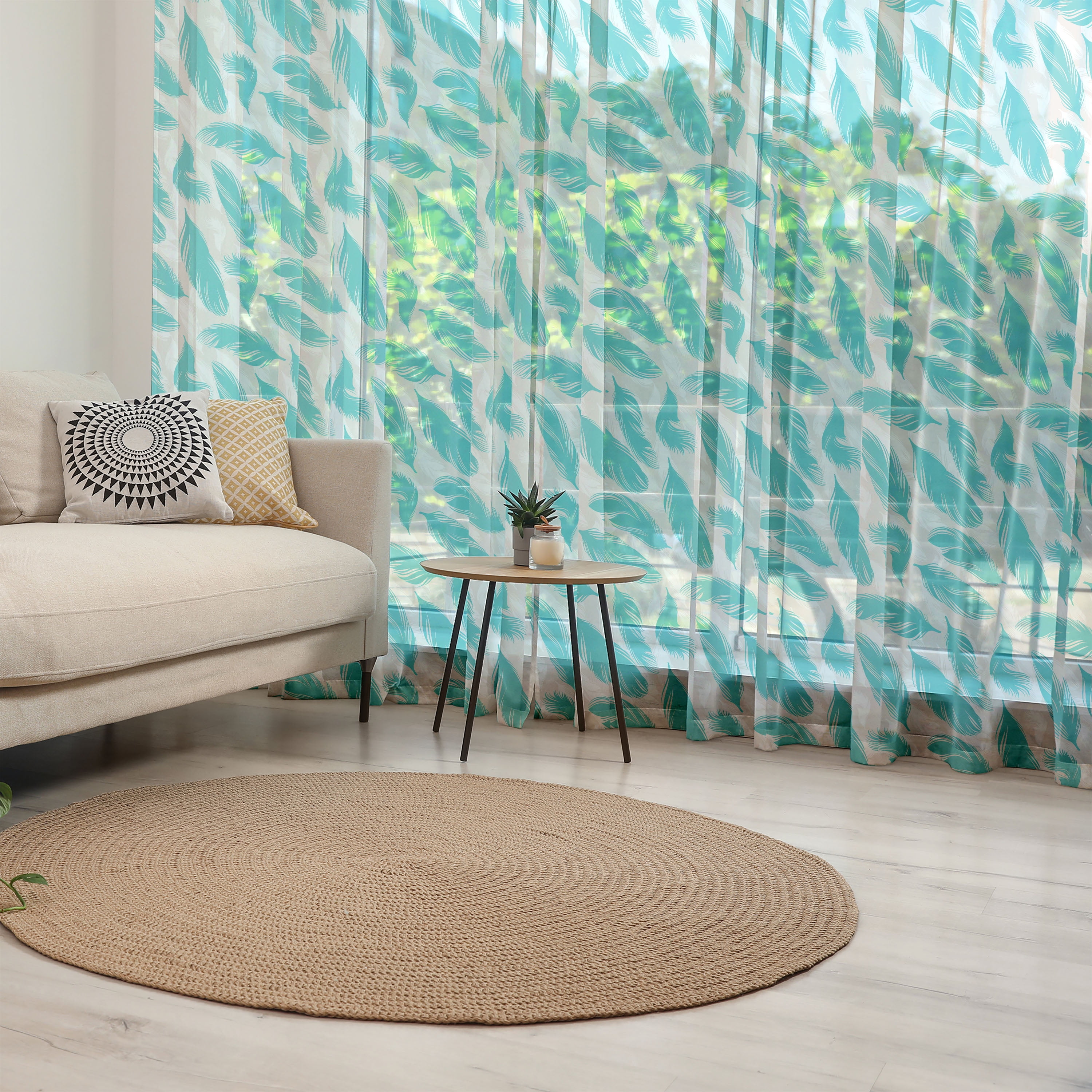 Turquoise Tulle Curtains with Rod Pocket, Quills Design Bird Feathers ...