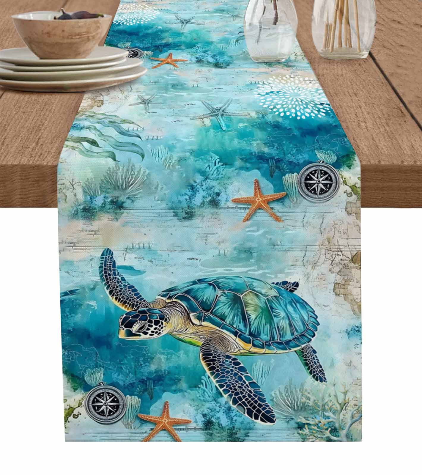 Turquoise Turtle Table Runner 72 Inches, Farmhouse Coastal Starfish ...