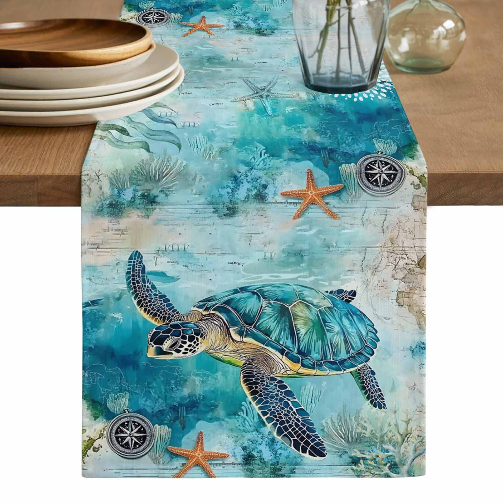 Turquoise Turtle Table Runner, Farmhouse Coastal Starfish Seaweeds ...